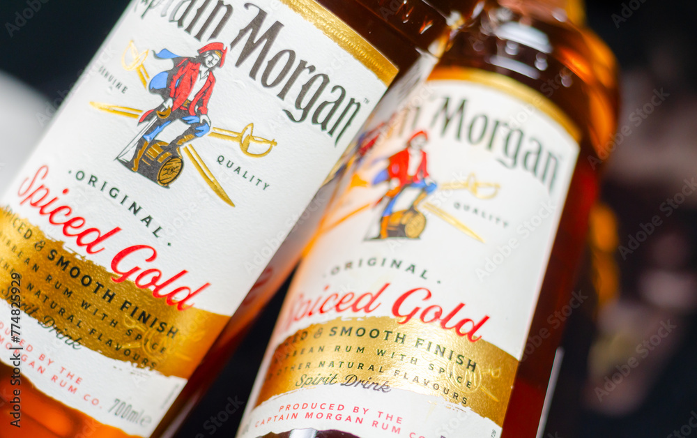 LONDON, UK - 19 MARCH 2024 A bottle of the popular Captain Morgan ...