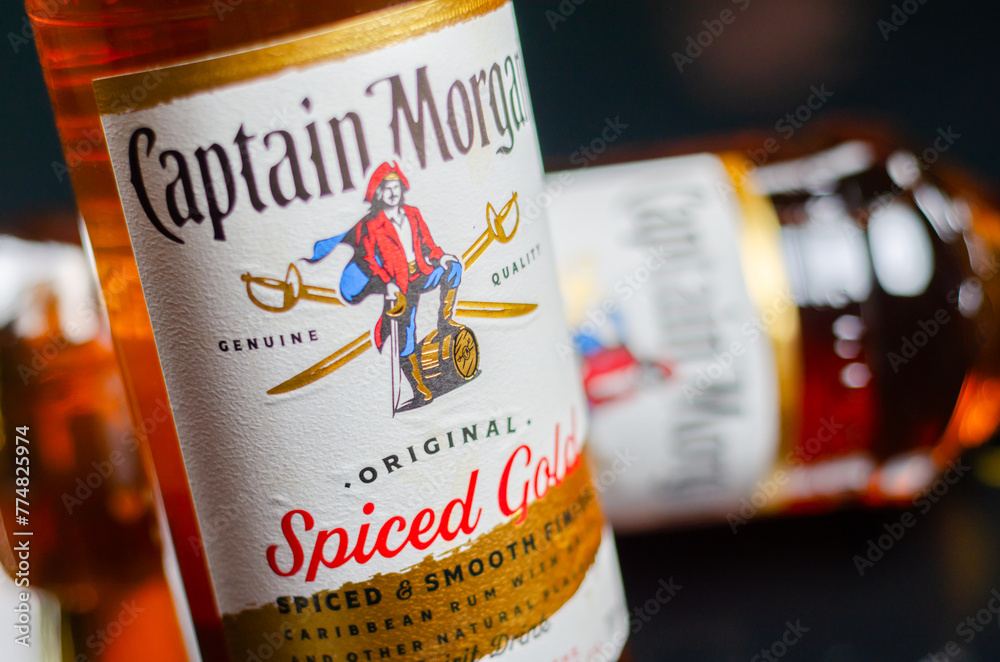 LONDON, UK - 19 MARCH 2024 A bottle of the popular Captain Morgan ...