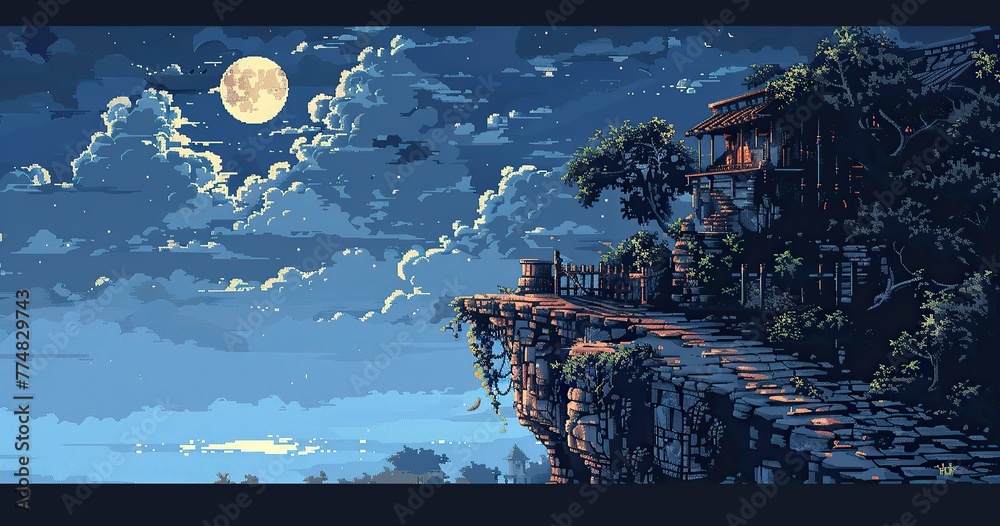 16-bit pixel art spritesheet, 64x64 cene dimension, the tip of a night ...