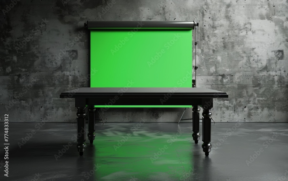 Broadcaster table with green screen background and black floor white ...