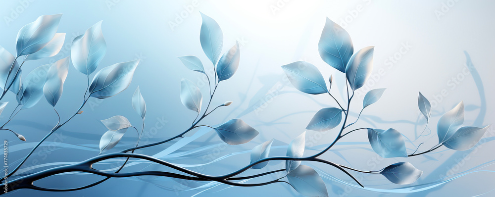 Wallpaper with pale blue leaves on a light blue background, delicate ...