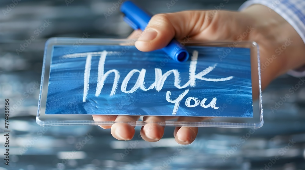 Hand Writing 'Thank You' Message on Transparent Whiteboard with Blue ...