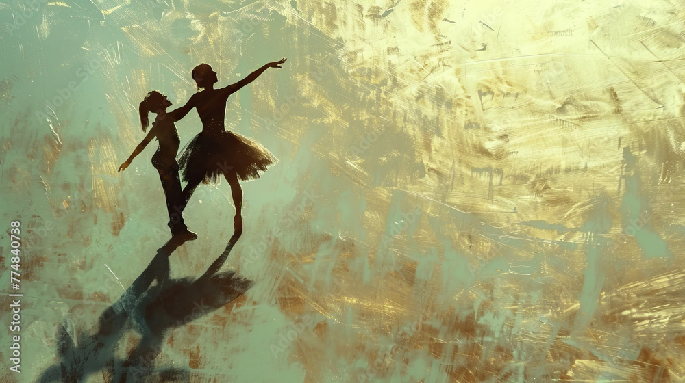 black silhouette shadow of ballet couple performing on textured neutral ...