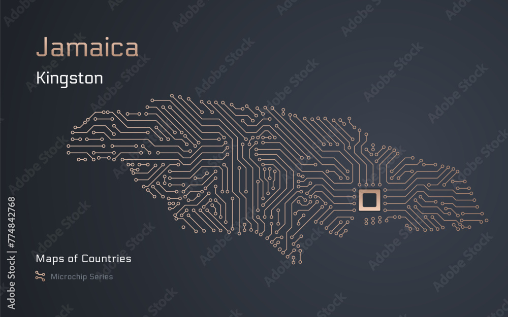 Jamaica Map with a capital of Kingston Shown in a Microchip Pattern ...