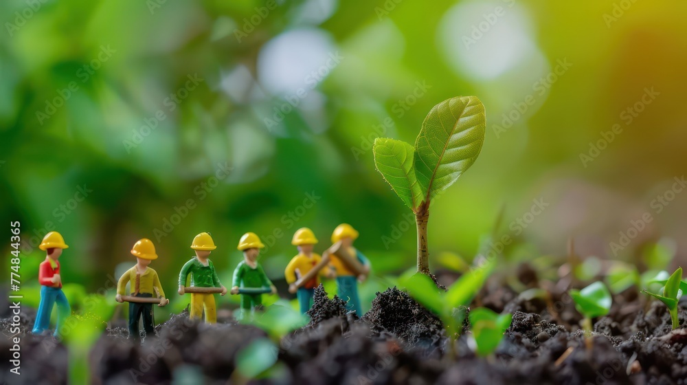 Labor day may 1st, small figures of people plant a plant, blurred green ...