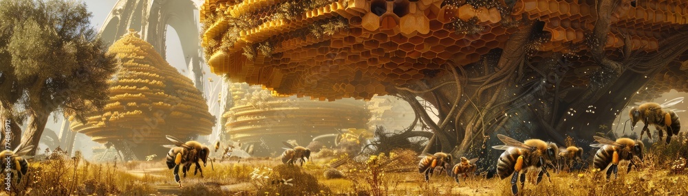 fantasy scene of a giant honeycomb structure being used as a palace ...