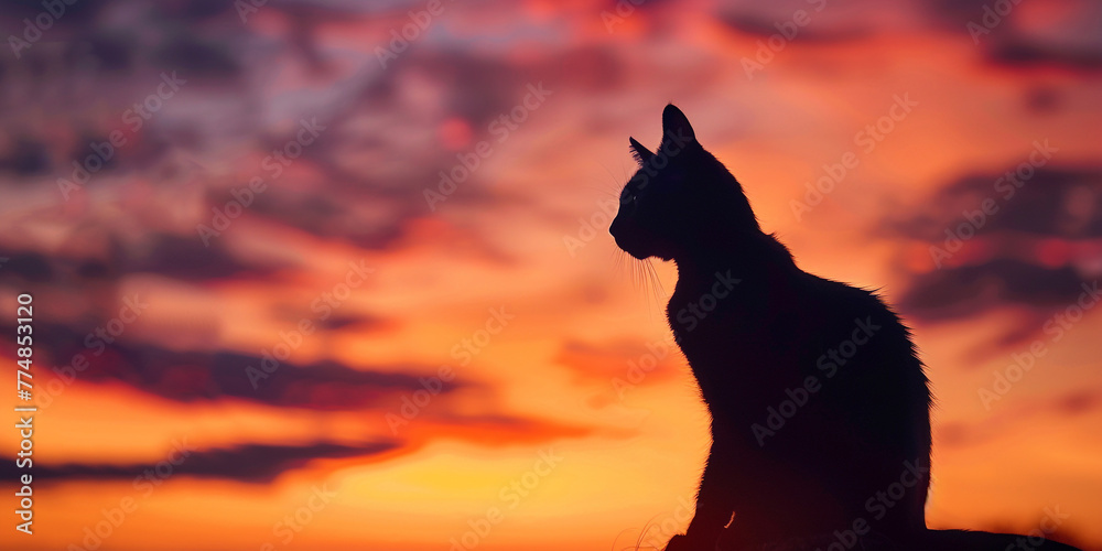 A Siamese cat outlined against a vibrant sunset sky, its silhouette ...