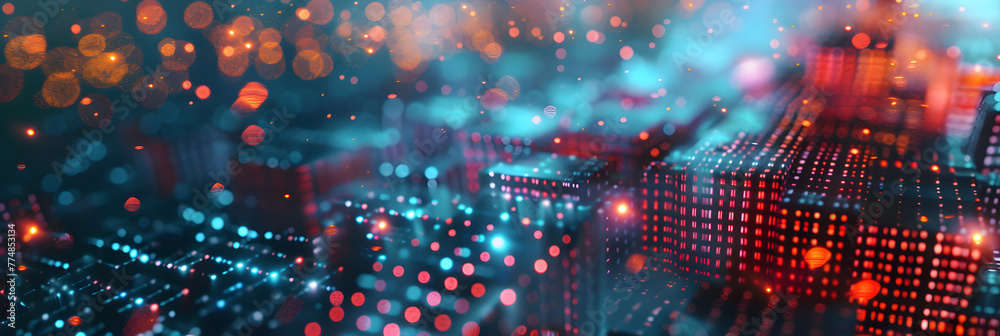 Abstract hologram 3D city rendering with futuristic matrix Digital skyline with a binary code ...