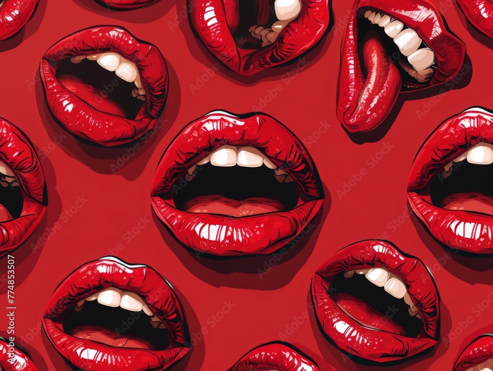 Sinister Red Lips and Teeth Background with Multiple Mouths in a Creepy ...