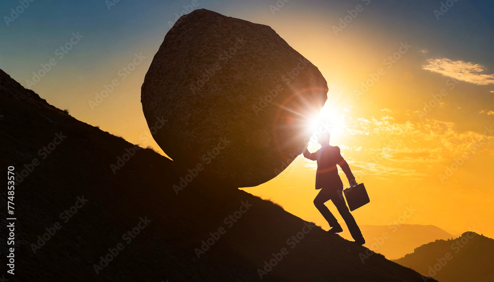 Silhouette of businessman pushing huge stone boulder up on hill at ...