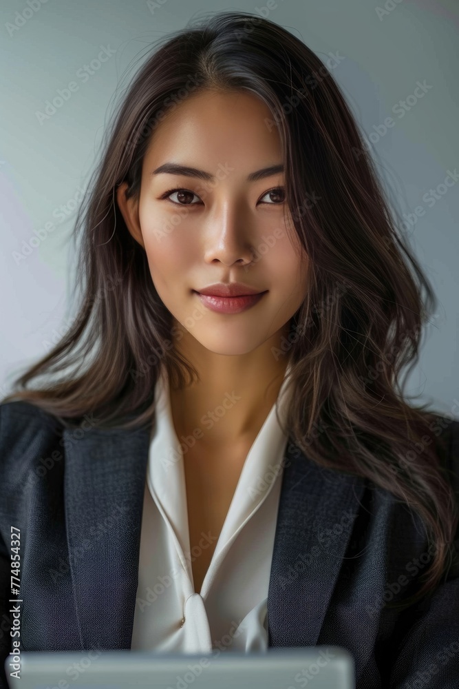 In a close-up portrait, a pretty young woman of Japanese descent ...