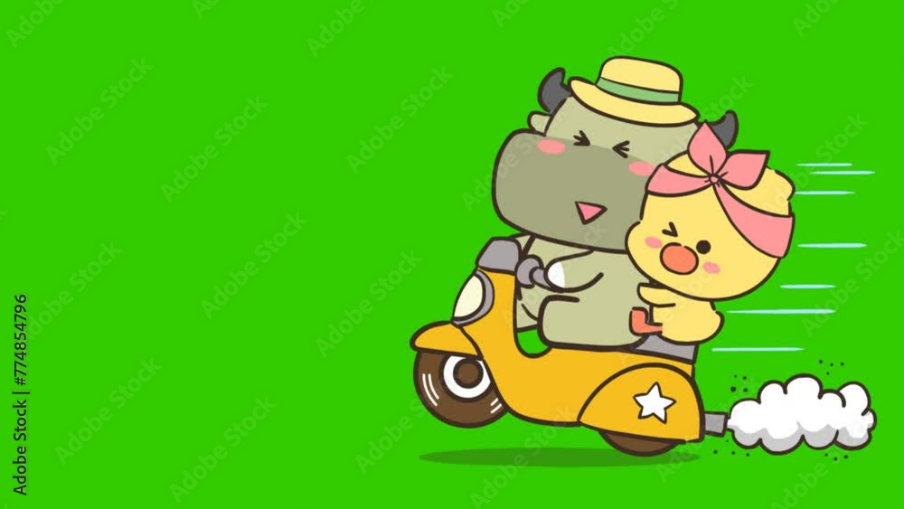 Animated cartoon buffalo driving a motorcycle with ducks riding on the ...