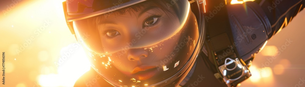 Amidst the sun's rays, a minimalist white Asian girl robot films her ...