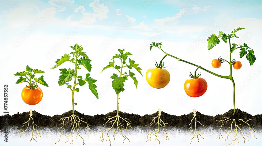 Gradual growth of tomatoes. Life cycle of a tomato plant, leaf, flower ...