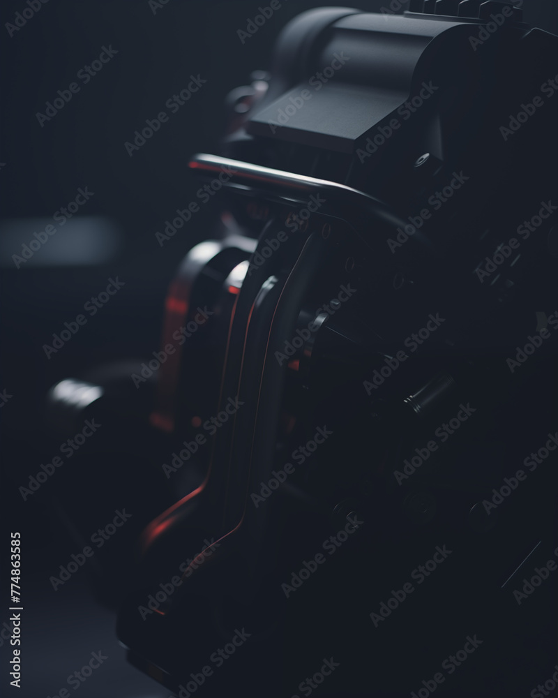 slick surfaces of a racing car engine reflect a warm glow. Variegated ...