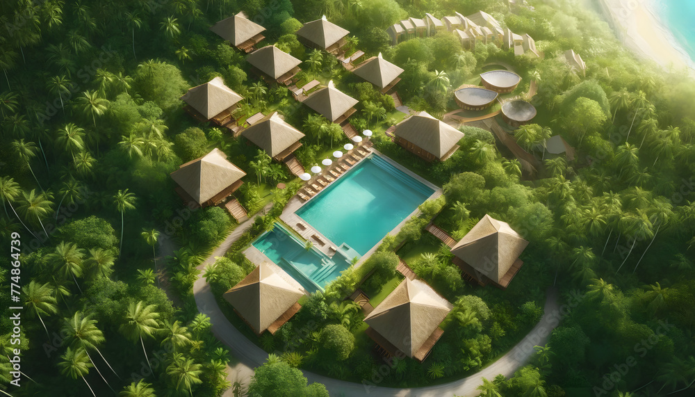 An aerial view image of a tropical resort nestled among lush greenery ...