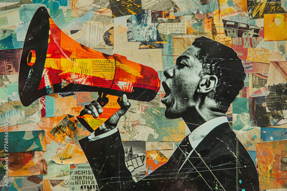 Megaphone, collage art and protest banner artwork for humanity, human ...