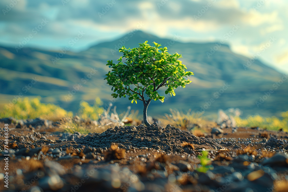 Lone tree thriving in desert landscape: a symbol of reforestation ...