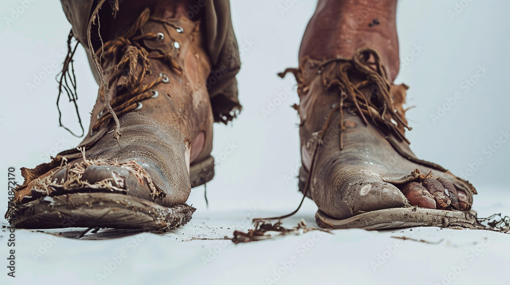 A close-up of feet in torn shoes, standing on a white surface ...