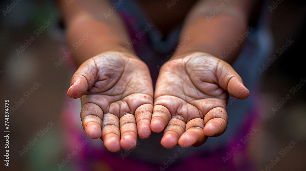 The faint, out-of-focus image of a child's hands, beseeching in their ...