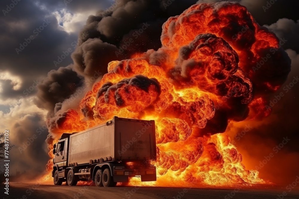 Fiery freight fuel truck explosion with billowing smoke and intense ...