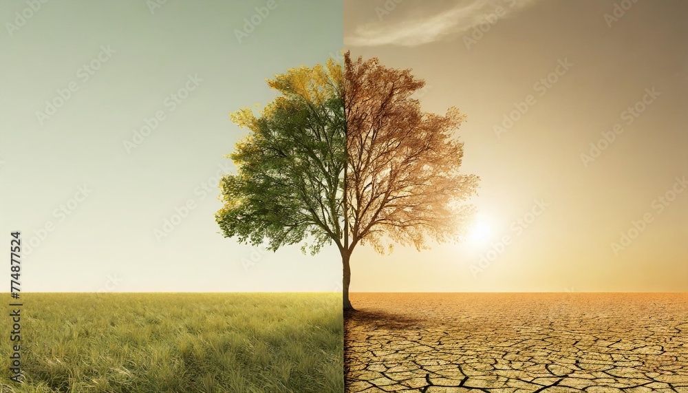climate change concept tree in two parts with green and healthy nature ...