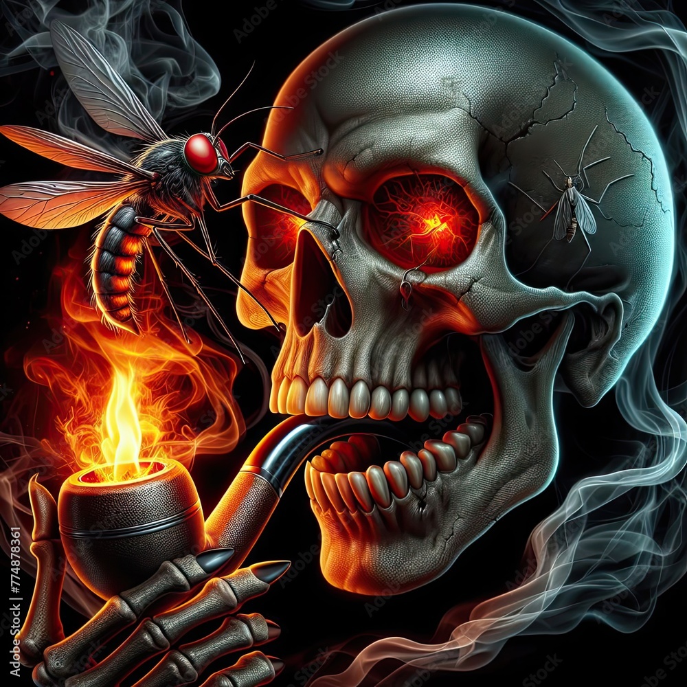 skull with mouth smoking using cigarette pipe, red eyes, mosquito on ...