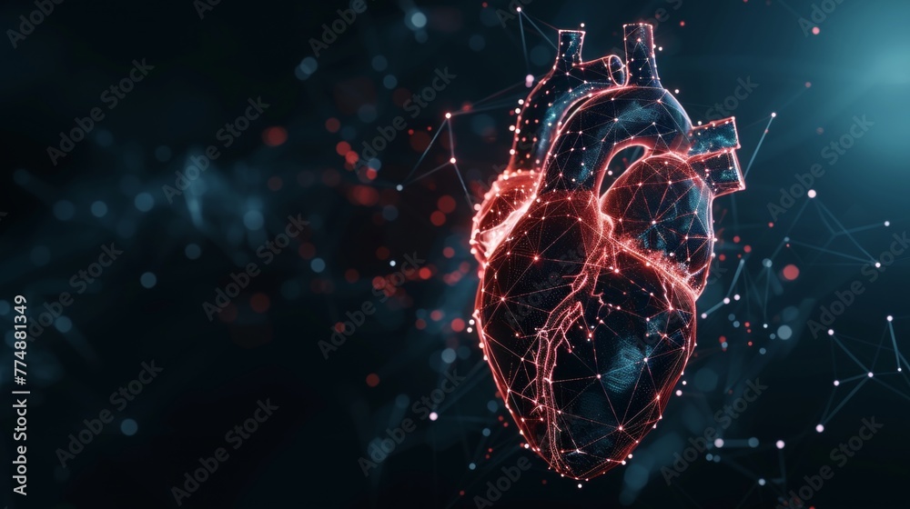 Glowing hologram of human heart organ 3D structure with dark background ...