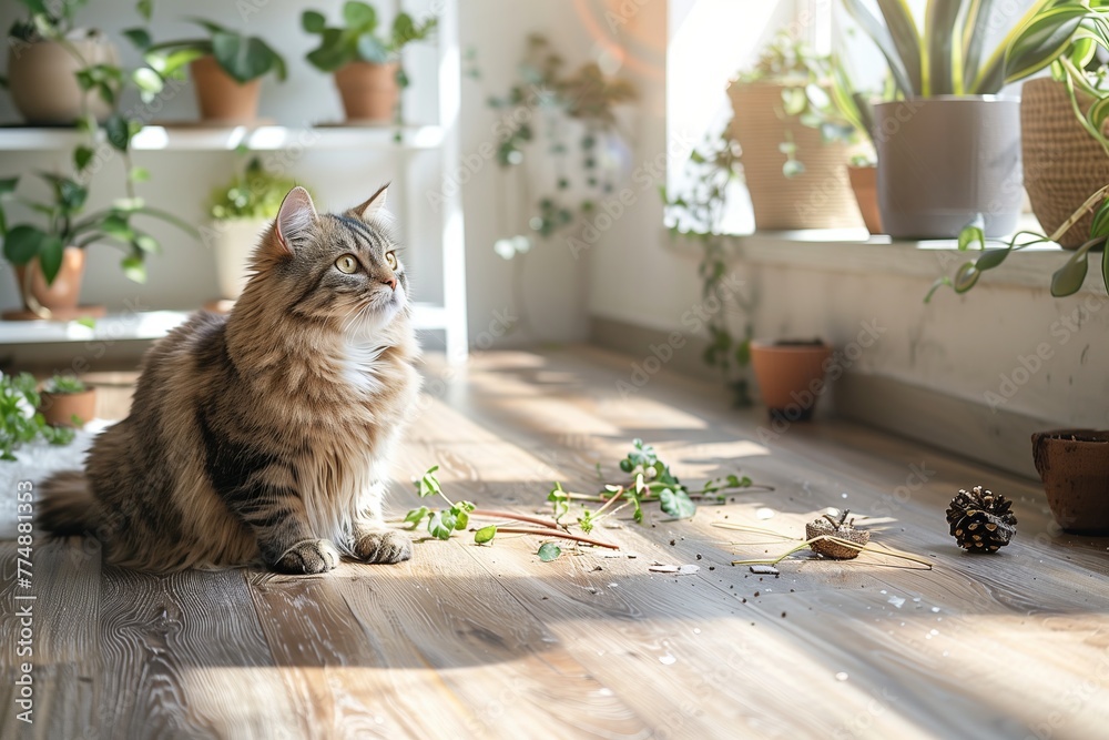 An apartment floor in disarray, ruined by a mischievous cat with ...