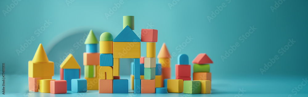 close up hands of little children playing blocks in classroom. Learning ...