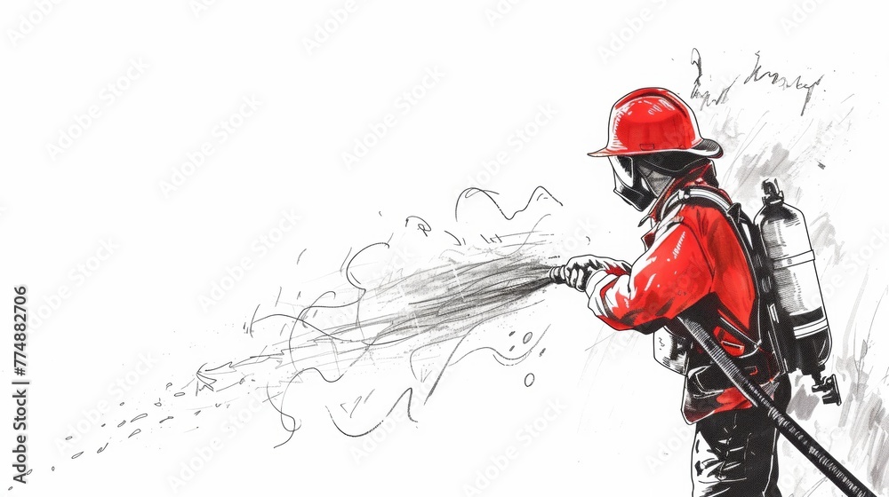 Firefighter fighting to put off fire flames. Vector drawing. Stock ...