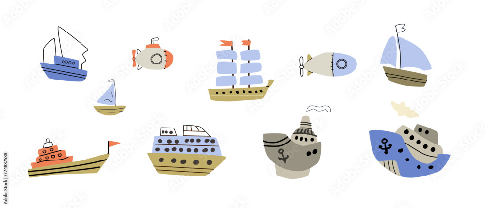 Set of hand drawn cartoon childish ships and boats, and submarines ...