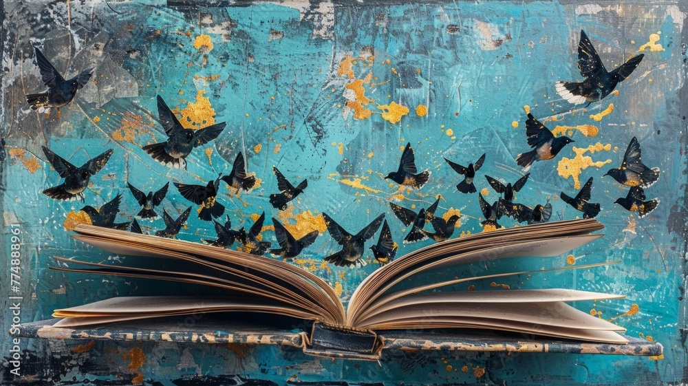 Contemporary Art Collage with Open Book and Pages as Birds Stock ...