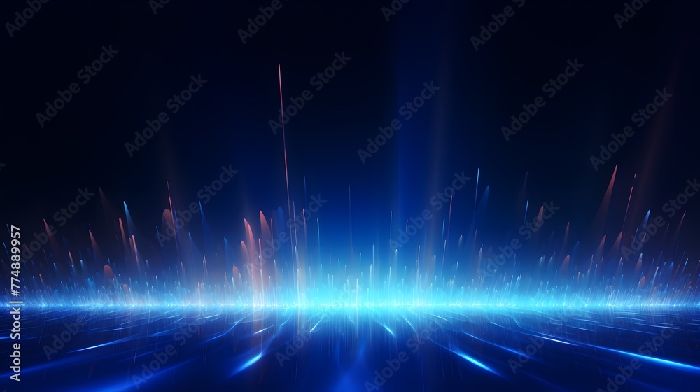 Blue glowing light rays background with energy lines and sound waves on ...