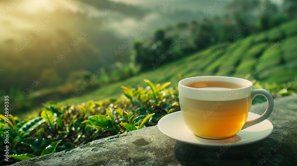 Generative AI : A cup of hot tea on cement with the tea plantation ...