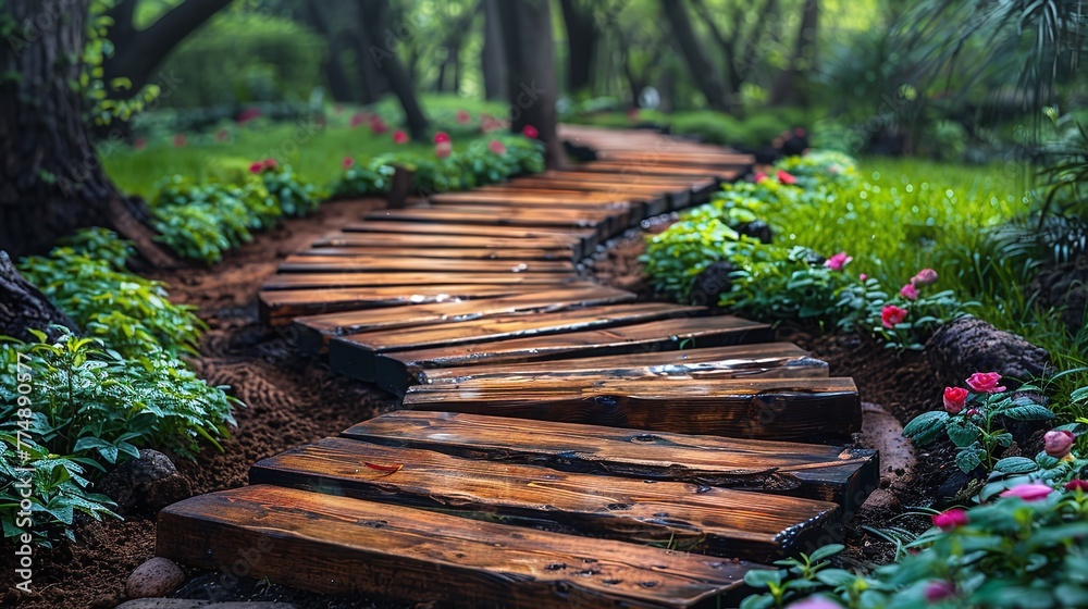 Among those the verdant meadow grass, a wooden garden plank path is ...