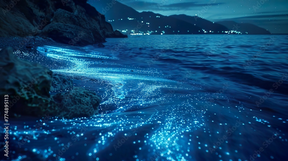 Bioluminescent plankton illuminating the midnight ocean underwater ...
