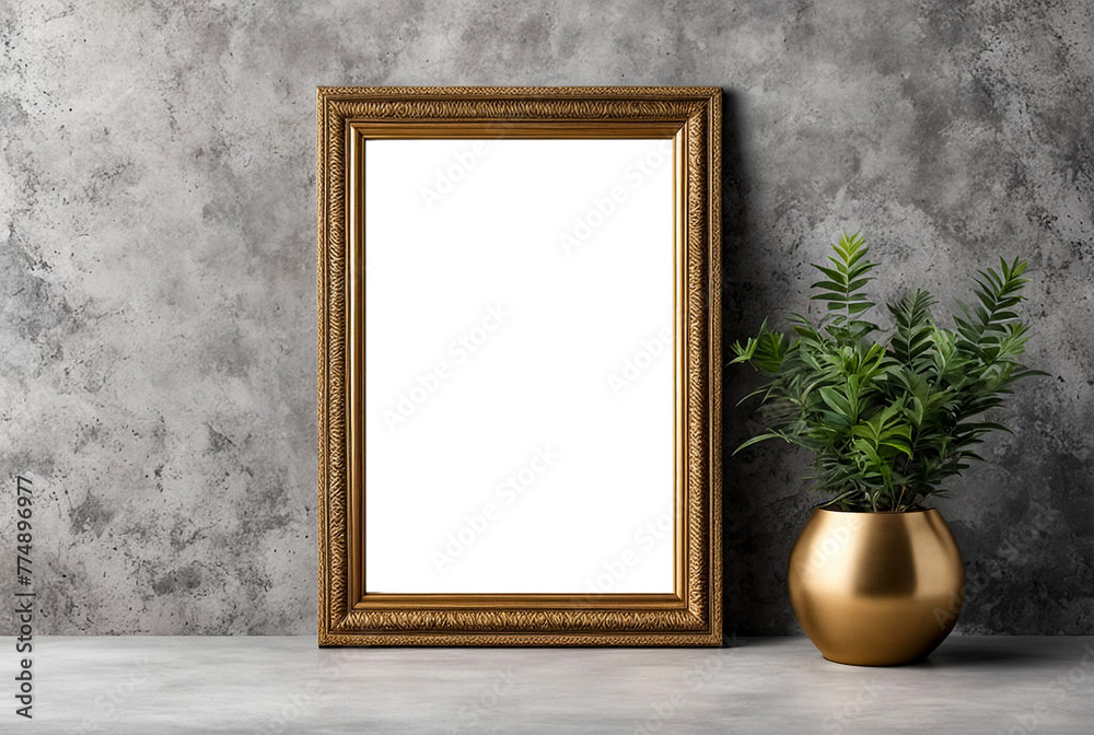 Empty boho style photo frame on concrete background. Isolated white ...