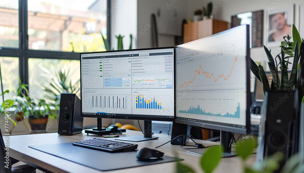 In an office setting - dual computer monitors display a complex sales analytics dashboard with ...