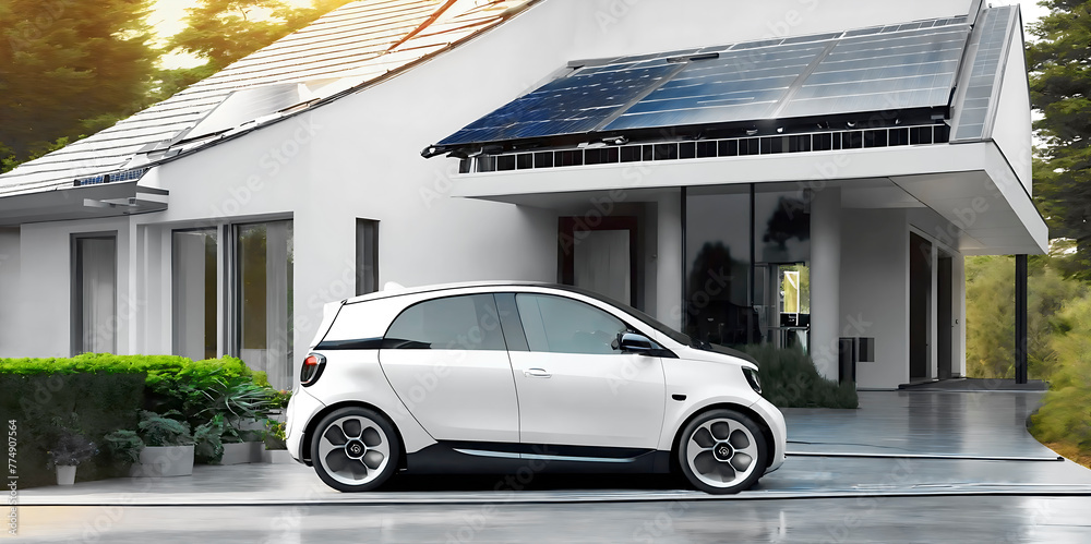 Evening view of a modern eco smart house with solar panels and electric ...