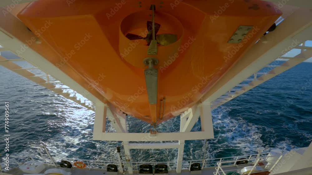 Free fall lifeboat. Propeller of rescue freefall lifeboat. Bottom view ...