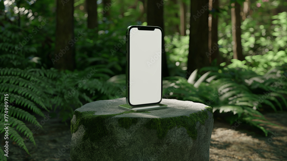 Mockup smartphone with blank screen on podium in green coniferous ...