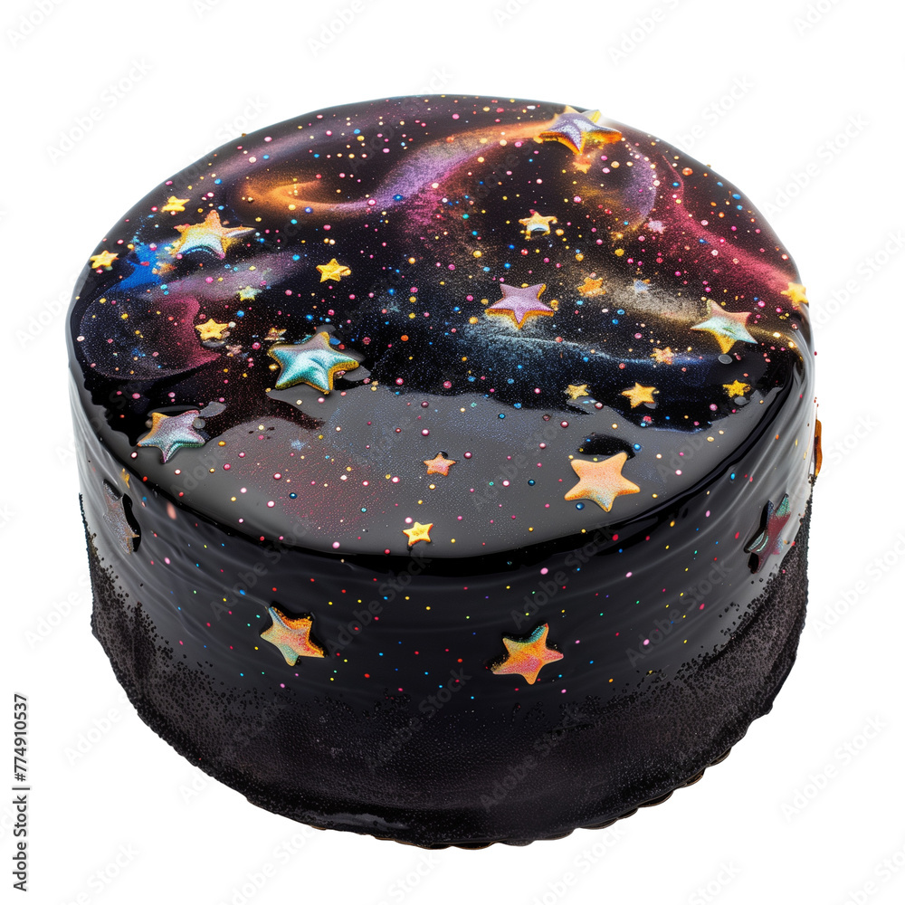 A cosmic galaxy cake, with dark velvet layers infused with shimmering ...