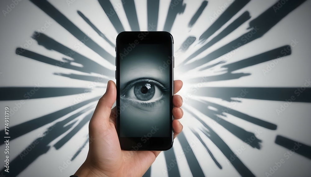 Collage artwork of addicted user arm hold smart phone hypnotic screen ...