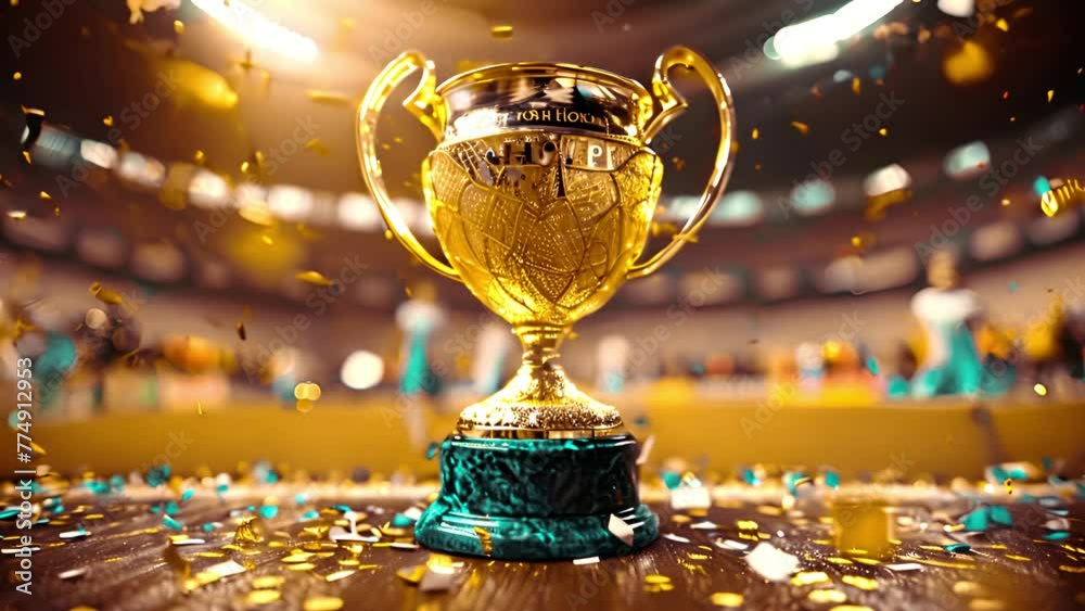 Gold champion trophy, Golden trophy with falling golden confetti ...