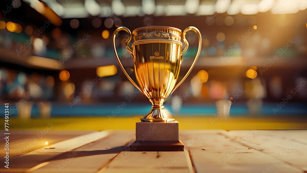 Gold champion trophy, Golden trophy with falling golden confetti ...