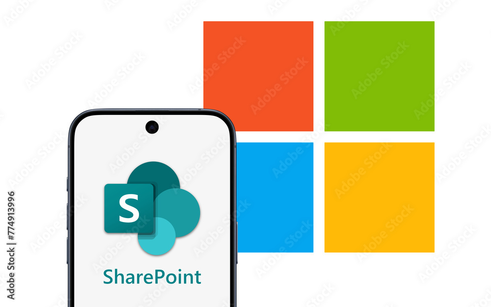 Microsoft Sharepoint logo is displayed on a modern smartphone ...