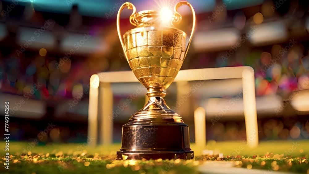 Gold champion trophy, Golden trophy with falling golden confetti ...