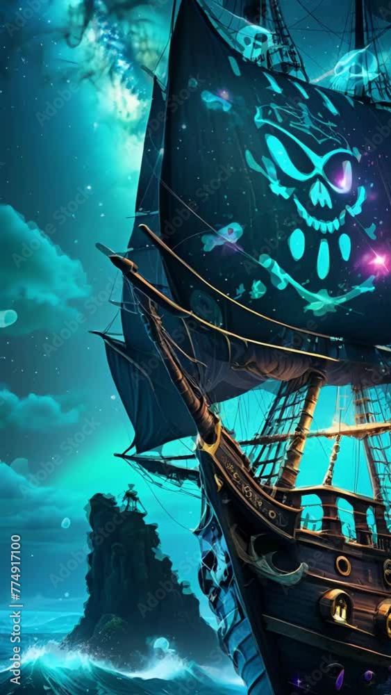 Pirate Ship Sailing into a Bioluminescent Sea Through the Galaxy ...