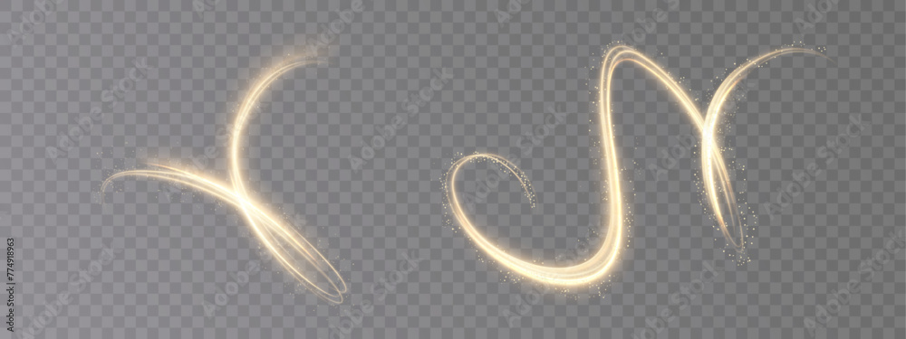 Abstract golden light effect of curved lines. Golden wavy path of light ...